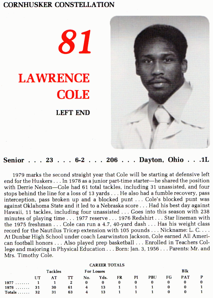 Lawrence "L.C." Cole, 1979 Nebraska football media guide - HuskerMax