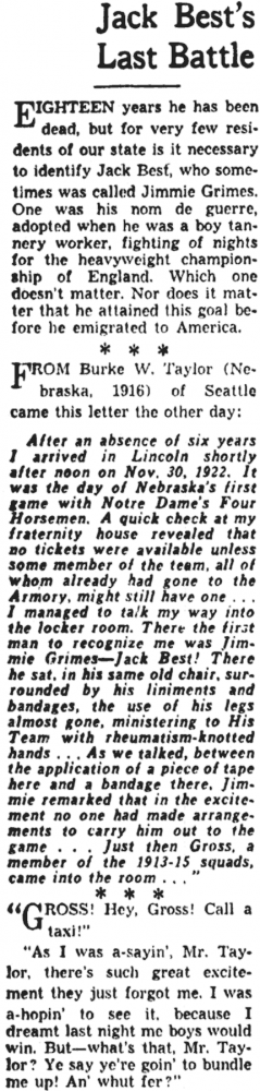 1940 Jack Best story; Nebraska football trainer - HuskerMax